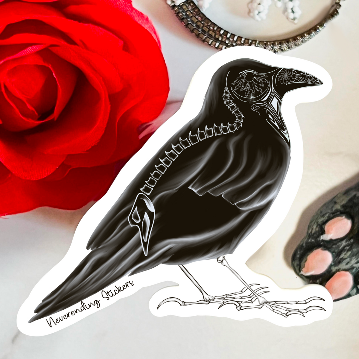 Neverending Stickers - Black Raven Exposed Bones - Vinyl Sticker Or Ma